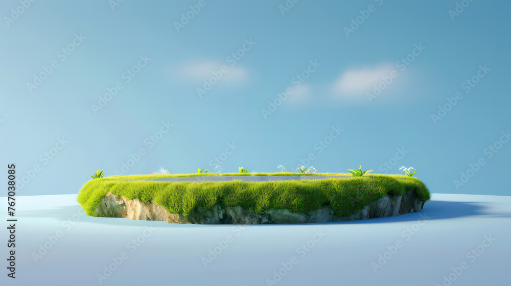 3D round grassy platform island with summer green lawn on the ...