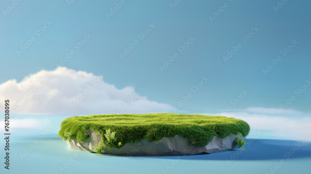 3D round grassy platform island with summer green lawn on the ...