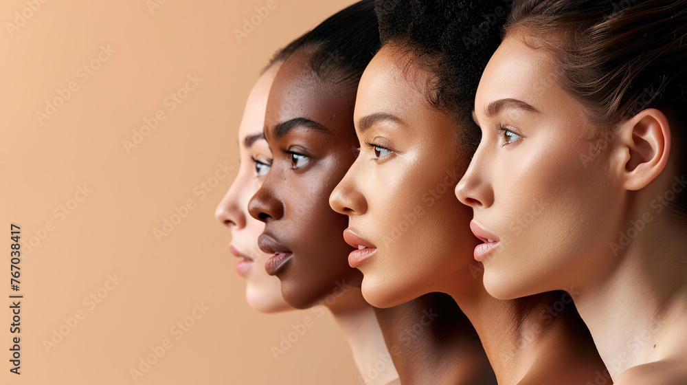 Four women with different skin tones stand side by side. Concept of ...