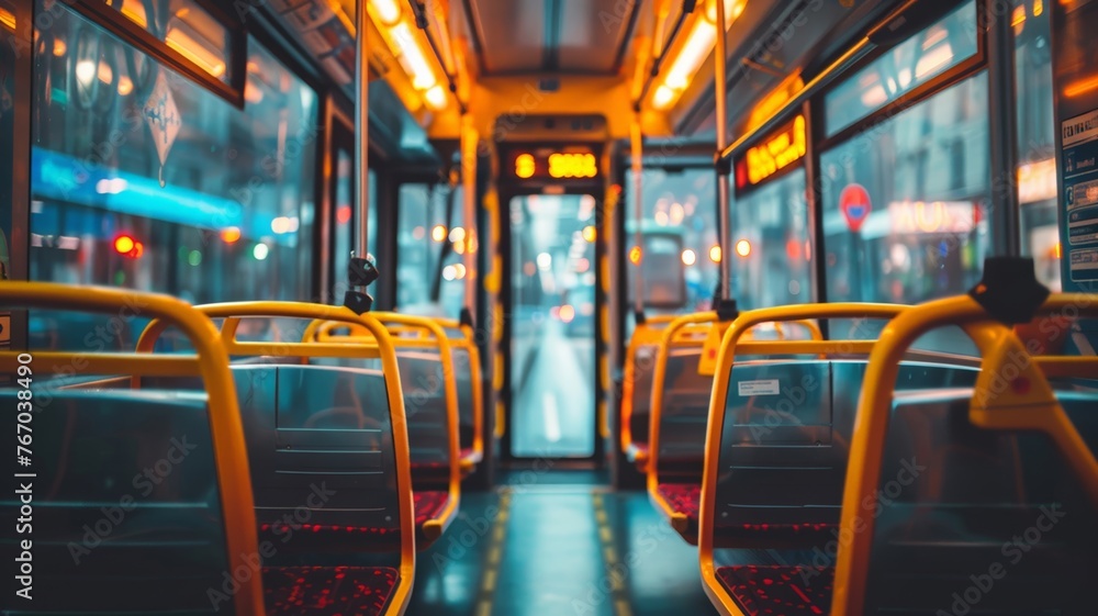 Contemporary city bus interior design with vibrant yellow handrails ...