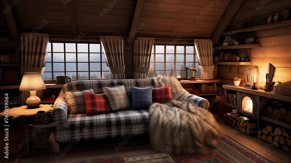 Cozy snug with shiplap walls tartan accents and rustic wood beams ...
