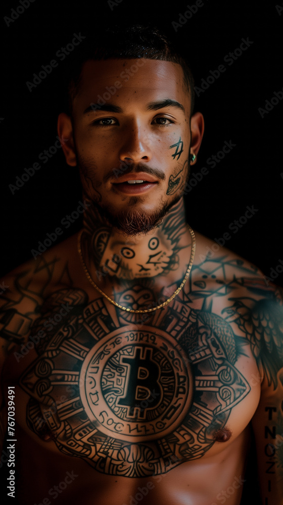 Handsome Latino man covered in tattoos with large Bitcoin ...