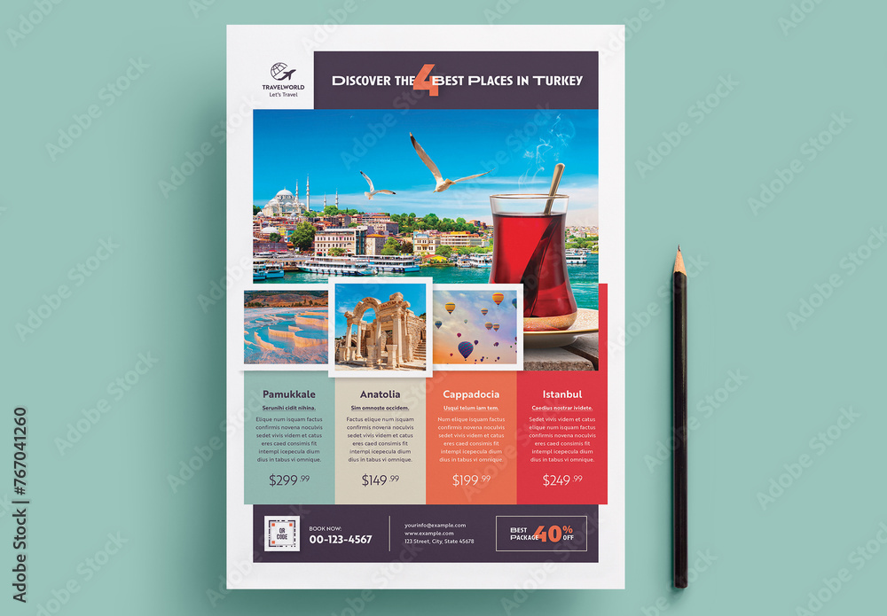 Travel Flyer Agency Layout with Colorful Accents Stock Template | Adobe ...