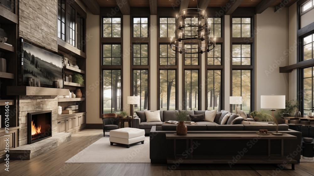 Dramatic two-story great room with black window grids warm wood beams ...