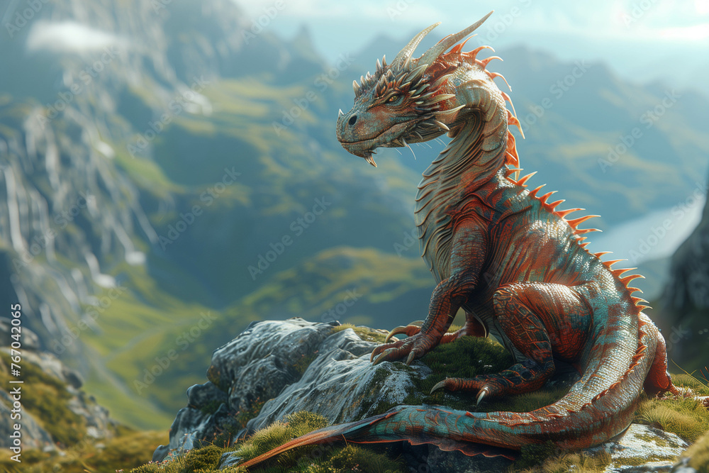 An ultra-realistic 3D animated dragon perched on a mountain peak ...