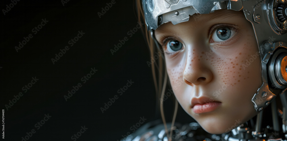 Portrait of a cyborg robot child with technical elements and sensors on ...