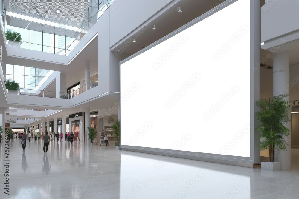 Big white blank screen in a shopping mall mock up. Huge white screen ...