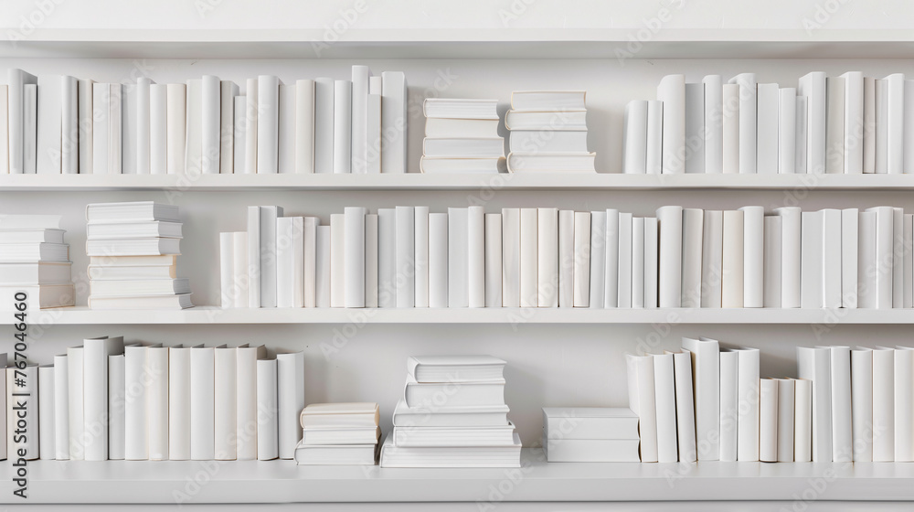 Mock-up of bookshelf with a lot of book spine stacking in the shelf ...