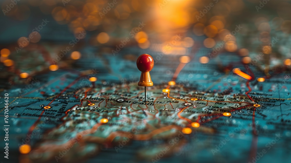 Draw-pin inserted into a real map, identifying the final destination ...