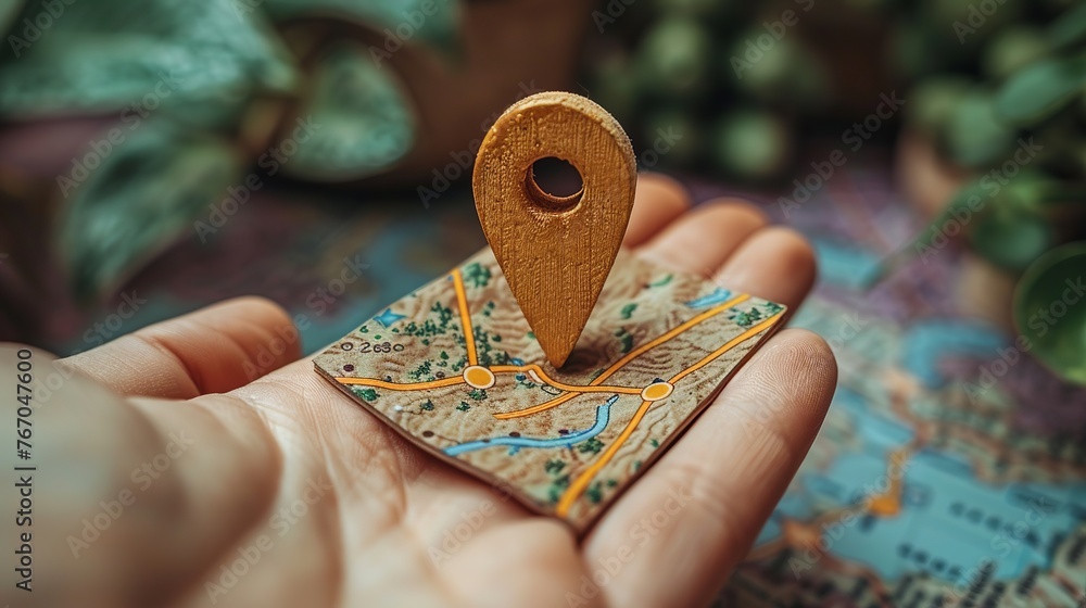 A hand holds a location sign on a purple background. Laying a route ...