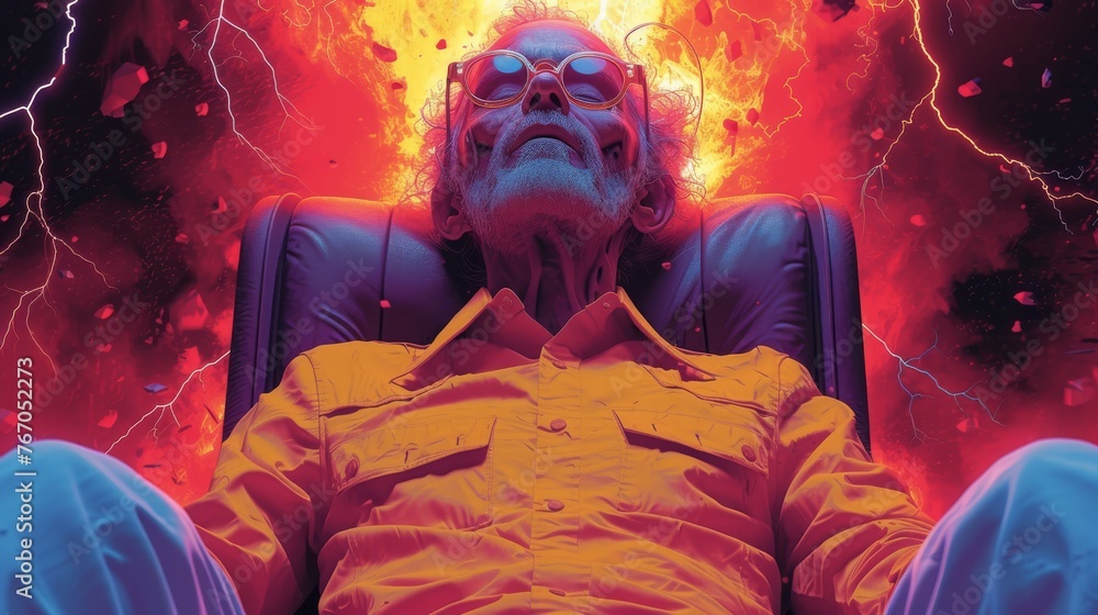 A man lounging in a recliner, gazing at the fiery sky dotted with ...