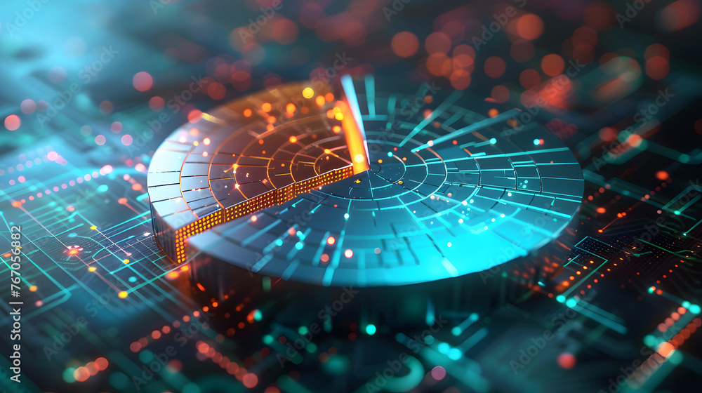 A futuristic pie chart depicting the breakdown of income expenses and ...