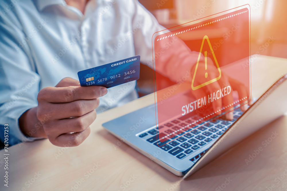 Customer watching hologram interface warn danger of credit card hacked ...