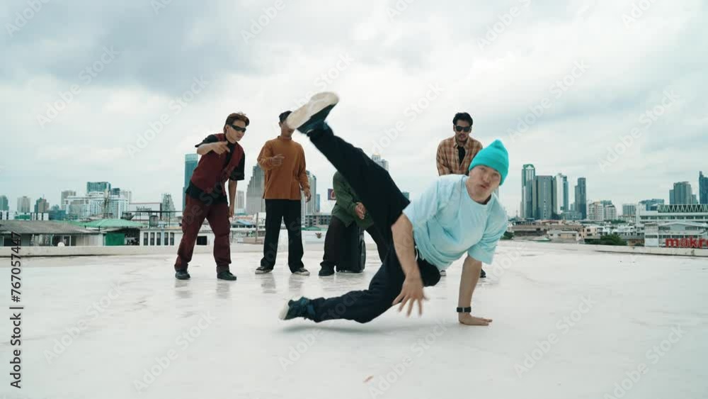 Professional break dance team practice B-boy dance while multicultural ...