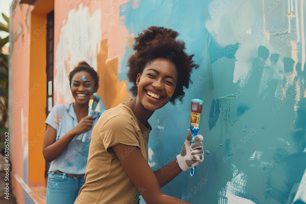 Happy black couple people paint wall outdoors together, painting brush ...