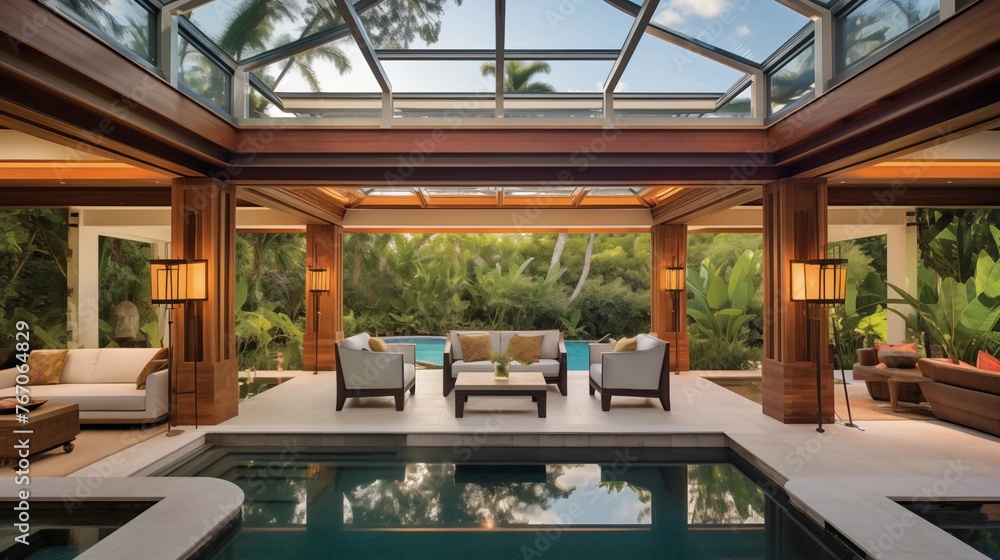 Glass-enclosed cocktail pool pavilion with soaring ceiling retractable ...