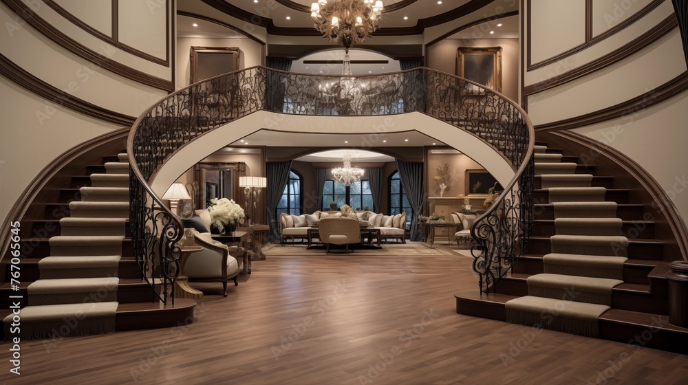 Grand dual staircase curving up two-story open concept foyer with ...