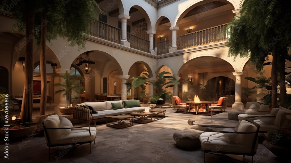 Grand residential palazzo indoor courtyard lounge with glazed brick ...