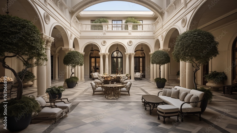 Grand residential palazzo indoor courtyard lounge with glazed brick ...
