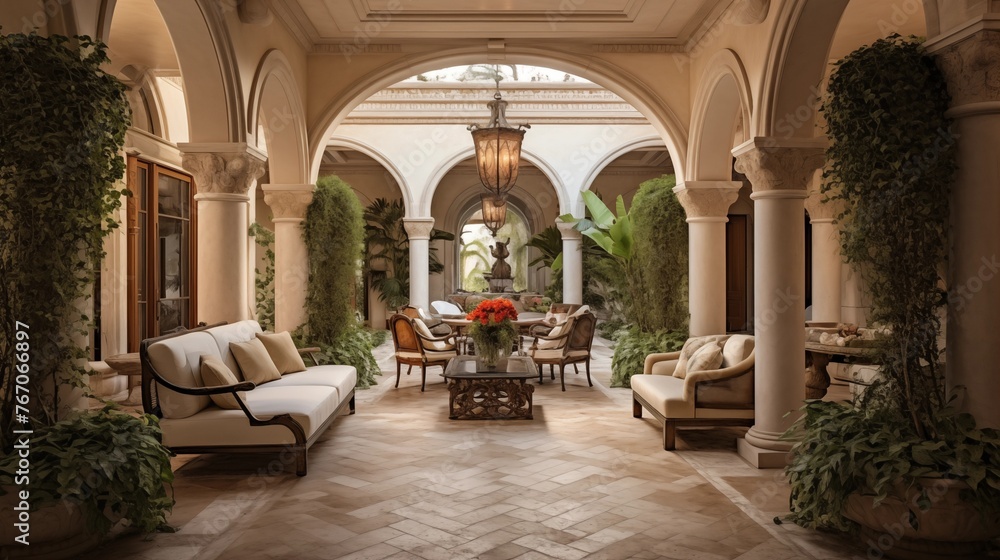 Grand residential palazzo indoor courtyard lounge with glazed brick ...