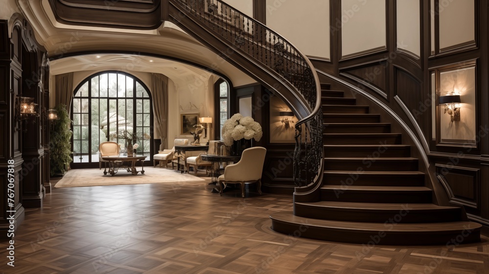 Grand two-story French chateau entry hall with herringbone parquet ...