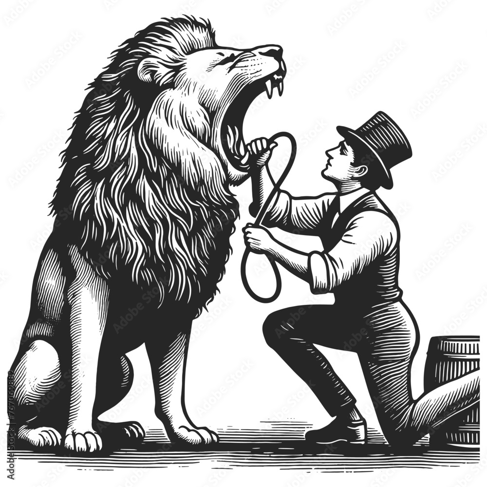 Circus ringmaster with lion trainer with lion sketch engraving ...
