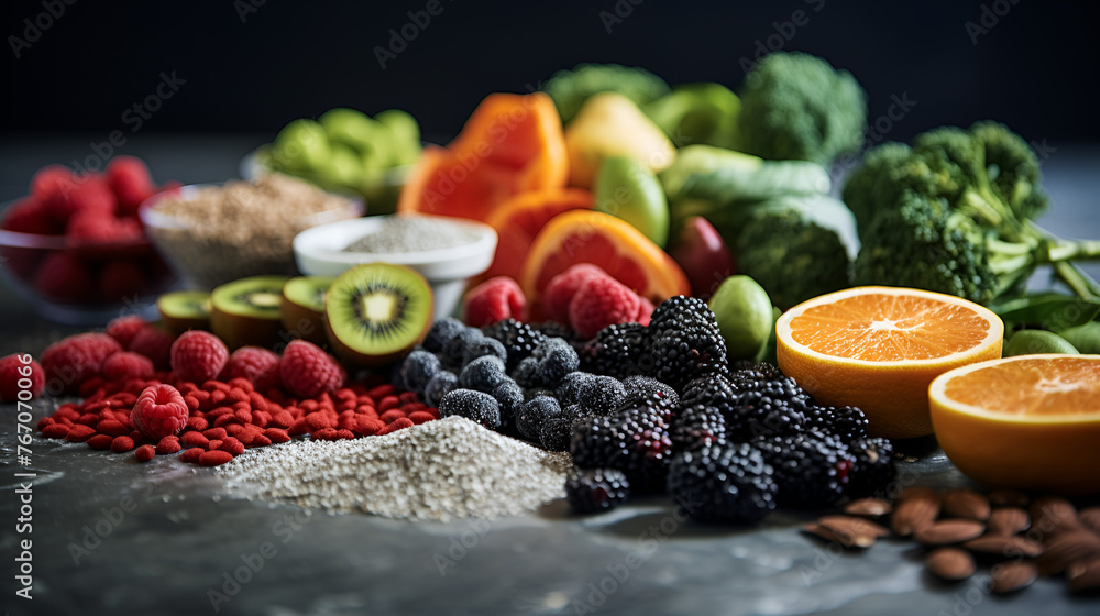 Healthy food choices on modern grey background with fresh fruits and ...