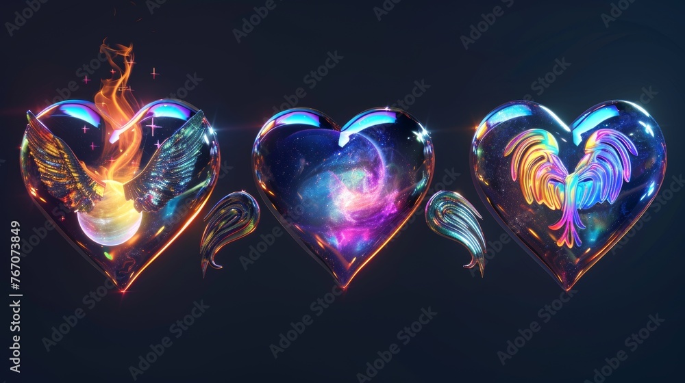 Iridescent chrome hearts with galaxy planet, stars, fire flame, angel ...