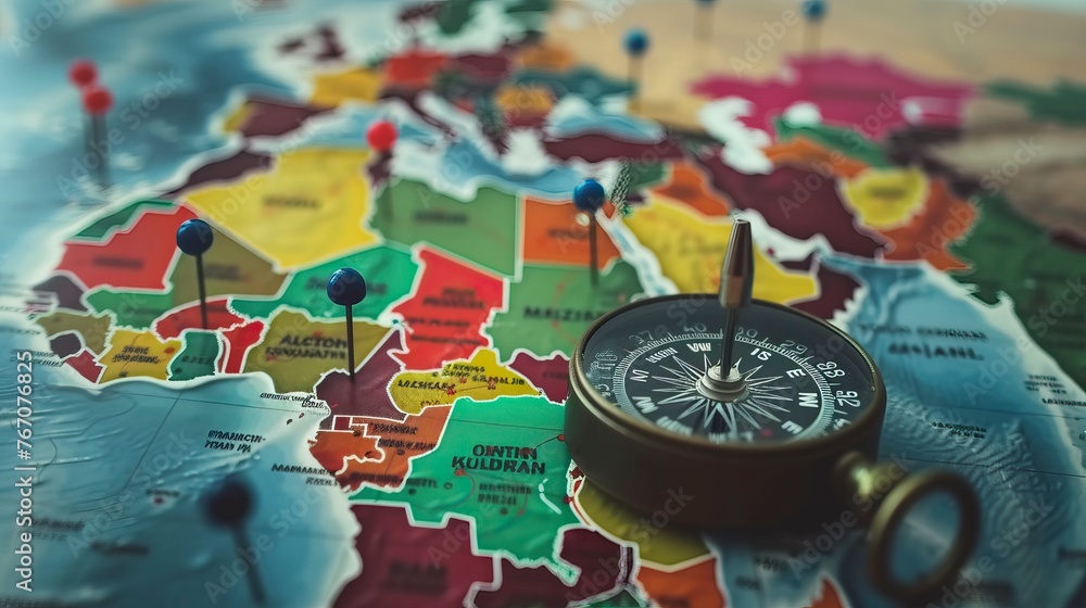 Magnetic compass and location marking with a pin on routes on world map ...