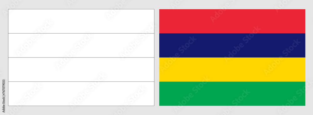 Mauritius flag - coloring page. Set of white wireframe thin black ...