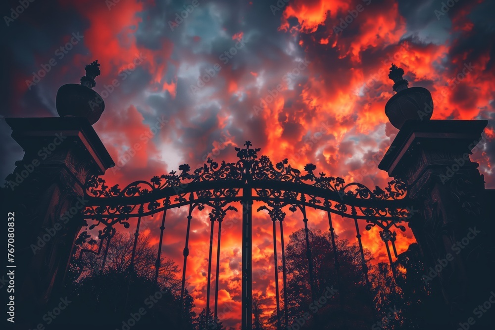 Gothic forged cemetery gate, resembling the gates of hell, on fiery red ...