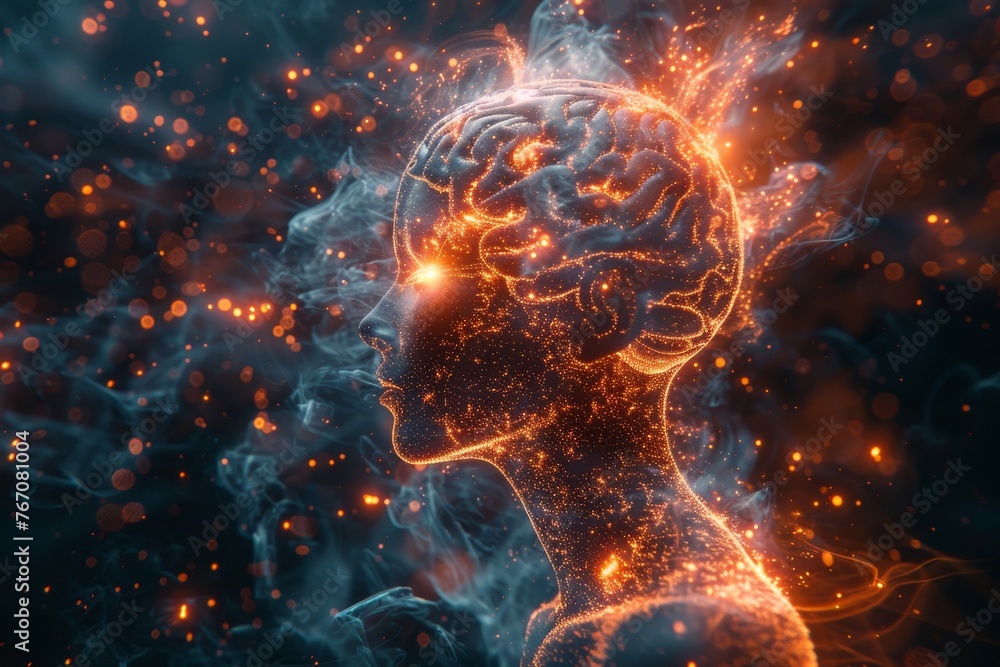 The silhouette of a human profile with a brain aglow in a cosmic dance of neurons, symbolizing ...