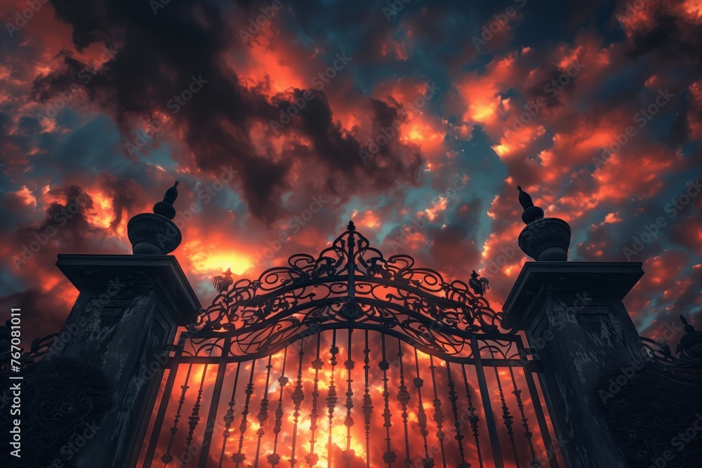 Gothic forged cemetery gate, resembling the gates of hell, on fiery red ...