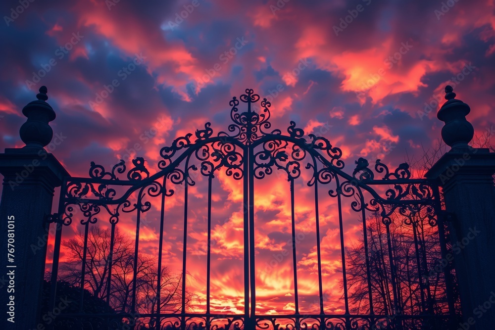 Gothic forged cemetery gate, resembling the gates of hell, on fiery red ...