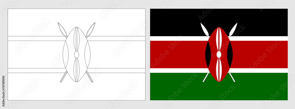 Kenya flag - coloring page. Set of white wireframe thin black outline ...