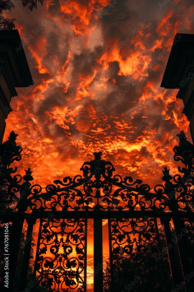 Gothic forged cemetery gate, resembling the gates of hell, on fiery red ...