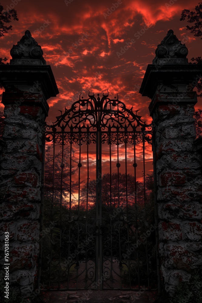 Gothic forged cemetery gate, resembling the gates of hell, on fiery red ...