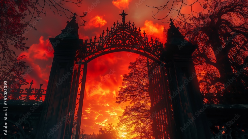 Gothic forged cemetery gate, resembling the gates of hell, on fiery red ...