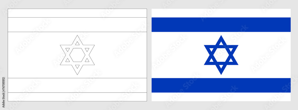 Israel flag - coloring page. Set of white wireframe thin black outline ...