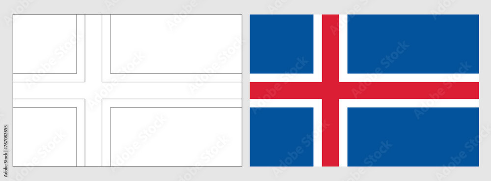 Iceland flag - coloring page. Set of white wireframe thin black outline ...
