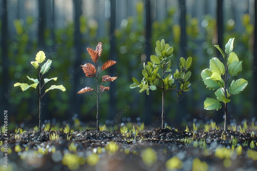 The growth stages of a tree, from seed to towering plant, depicted in ...