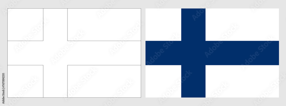 Finland flag - coloring page. Set of white wireframe thin black outline ...