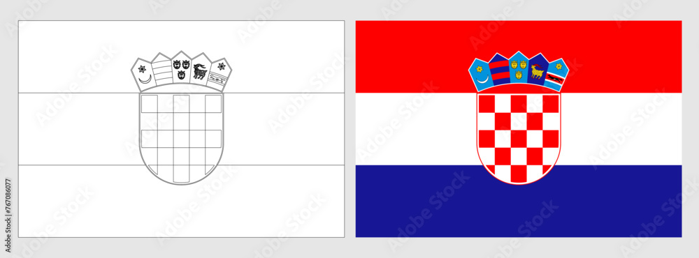 Croatia flag - coloring page. Set of white wireframe thin black outline ...