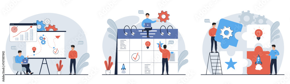 Strategic planning mega set. Bundle of scenes people analyze data ...