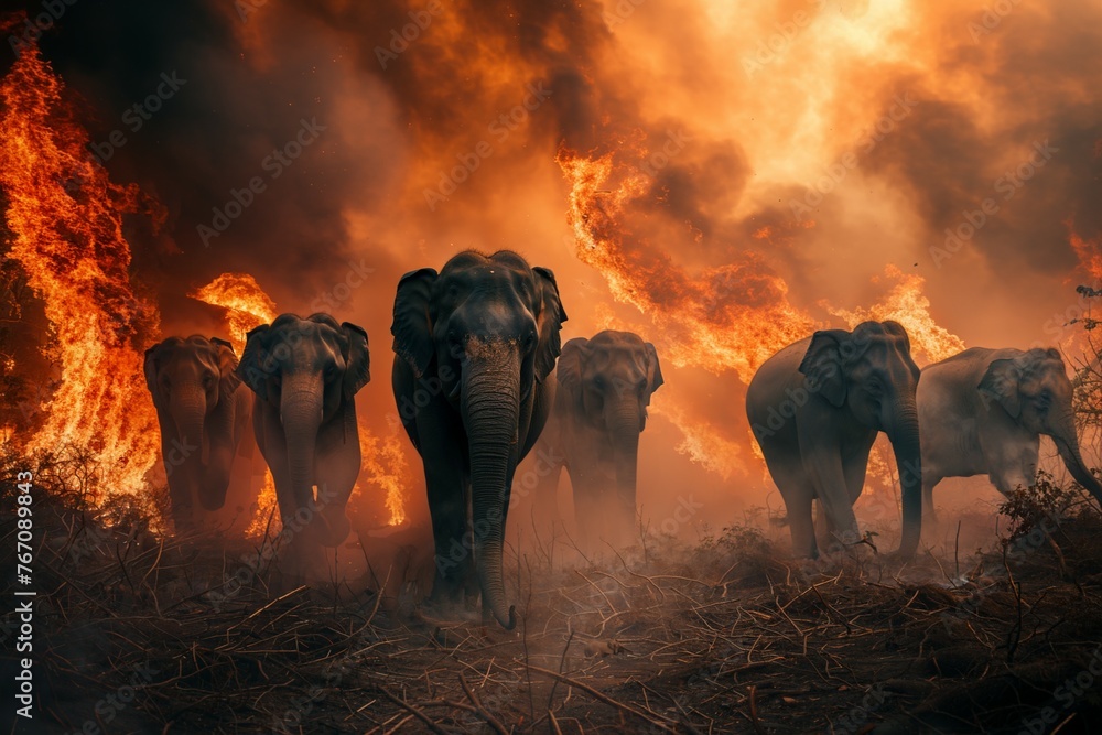Herd of elephants escaping a forest fire. Concept of jungle fire danger ...
