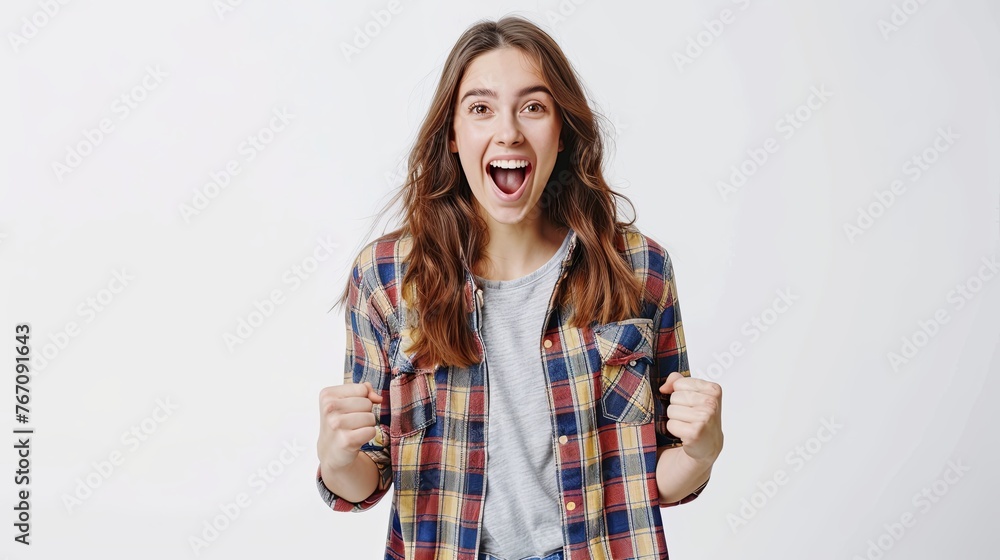 Photo of ecstatic lady shout loud yeah fist up raise win lottery ...