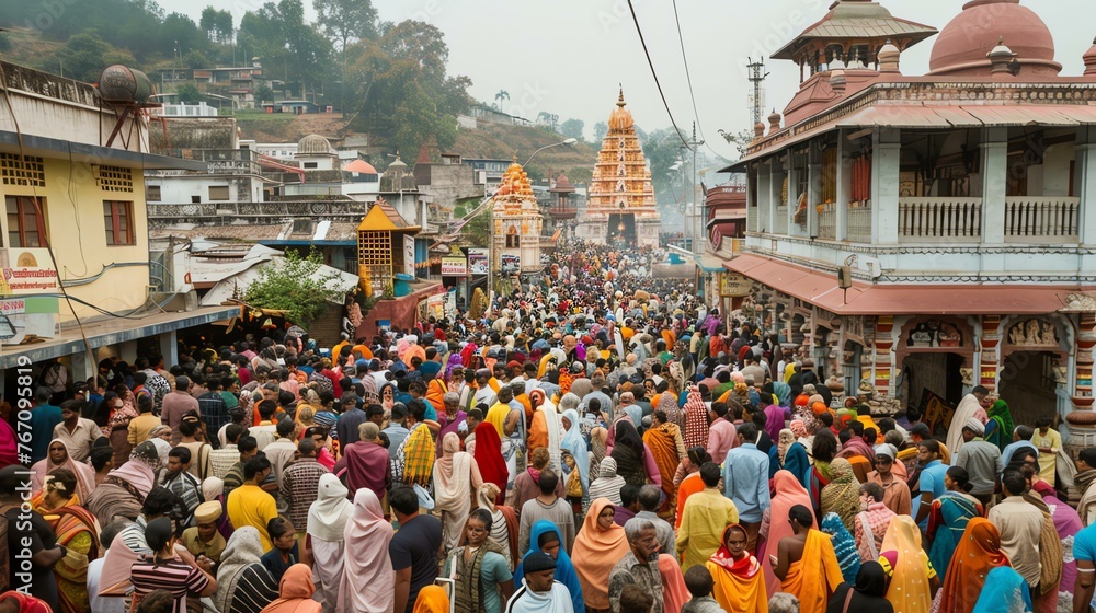 A large crowd of people is walking down a busy street in a developing ...