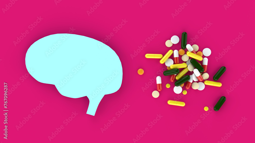 Assorted medical pills and human brain with red background in ...