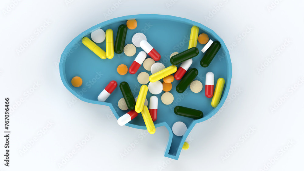 Assorted medical pills and human brain with white background in ...