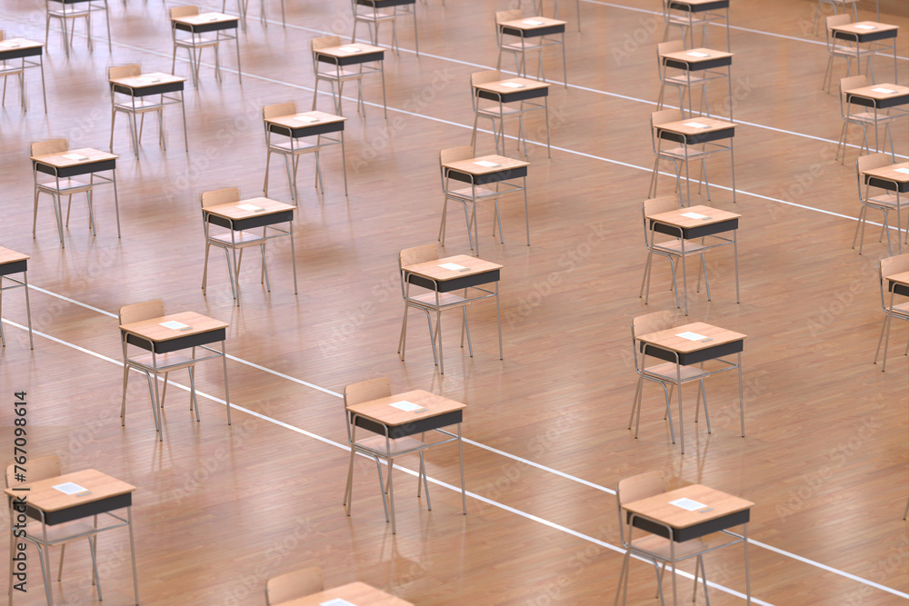 Spacious Examination Hall Awaiting Students: Rows of Desks & Empty ...